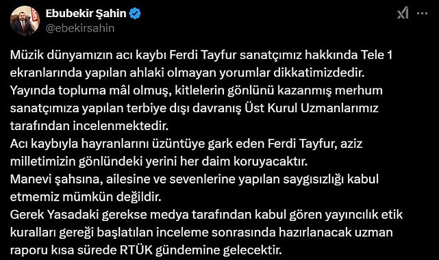 RTÜK Başkanı Şahin'den sunucu Musa Özuğurlu'nun Ferdi Tayfur yorumuna ...